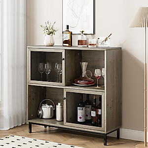 IDEALHOUSE Coffee Bar Cabinet, Farmhouse Sideboard Buffet Cabinet with Storage, Wine Liquor Bar Cabinet with Metal Sliding Door, Wood Accent Cabinet for Kitchen, Dining Room, Living Room, Grey