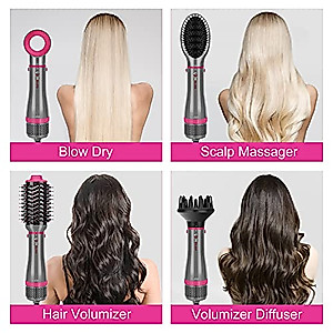 IG INGLAM 4 in 1 Blowout Brush, Negative Ion Detachable Hair Dryer & Styler Volumizer Hot Air Brush with 2 Styling Brush Heads, Silver