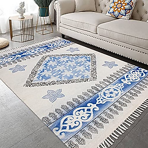 Casavani Hand Block Printed Cotton Dhurrie Geometric Blue & Beige Tassel Rug Easy Care Washable Rugs for Doormat Entryway Living Room Bedroom Hallway Balcony 4x8 Feet