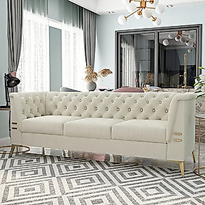 kevinplus Velvet Chesterfield Sofa Couch for Living Room, Modern Tufted 3-Seat Upholstered Sofa Couch for Apartment Bedroom Dorm Office Studio, Gold Metal Legs, Beige