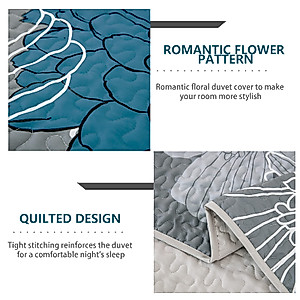 Floral Quilt Set Queen Blue Boho Bedspread 3 Pieces Soft Lightweight Coverlet with 2 Pillow Shams for All Season 96"x90"