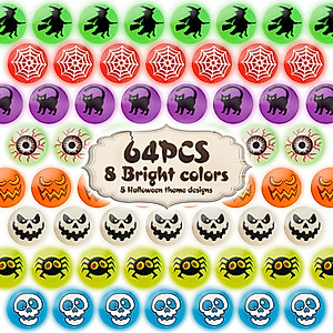 Shemira 64pcs Glow in The Dark Bouncing Balls,8 Halloween Theme Designs Bouncy Toys Balls, Halloween Party Favor Supplies, Trick or Treating Goodie, Halloween Miniatures,School Classroom Game Rewards