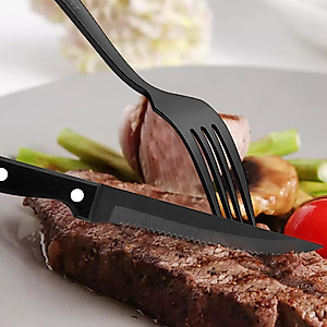 HaWare Black Silverware Set with Steak Knives, 48-Piece Stainless Steel Square Flatware Set for 8, Tableware Cutlery Set Includes Knives/Forks/Spoons, Modern & Elegant Design, Mirror Polished