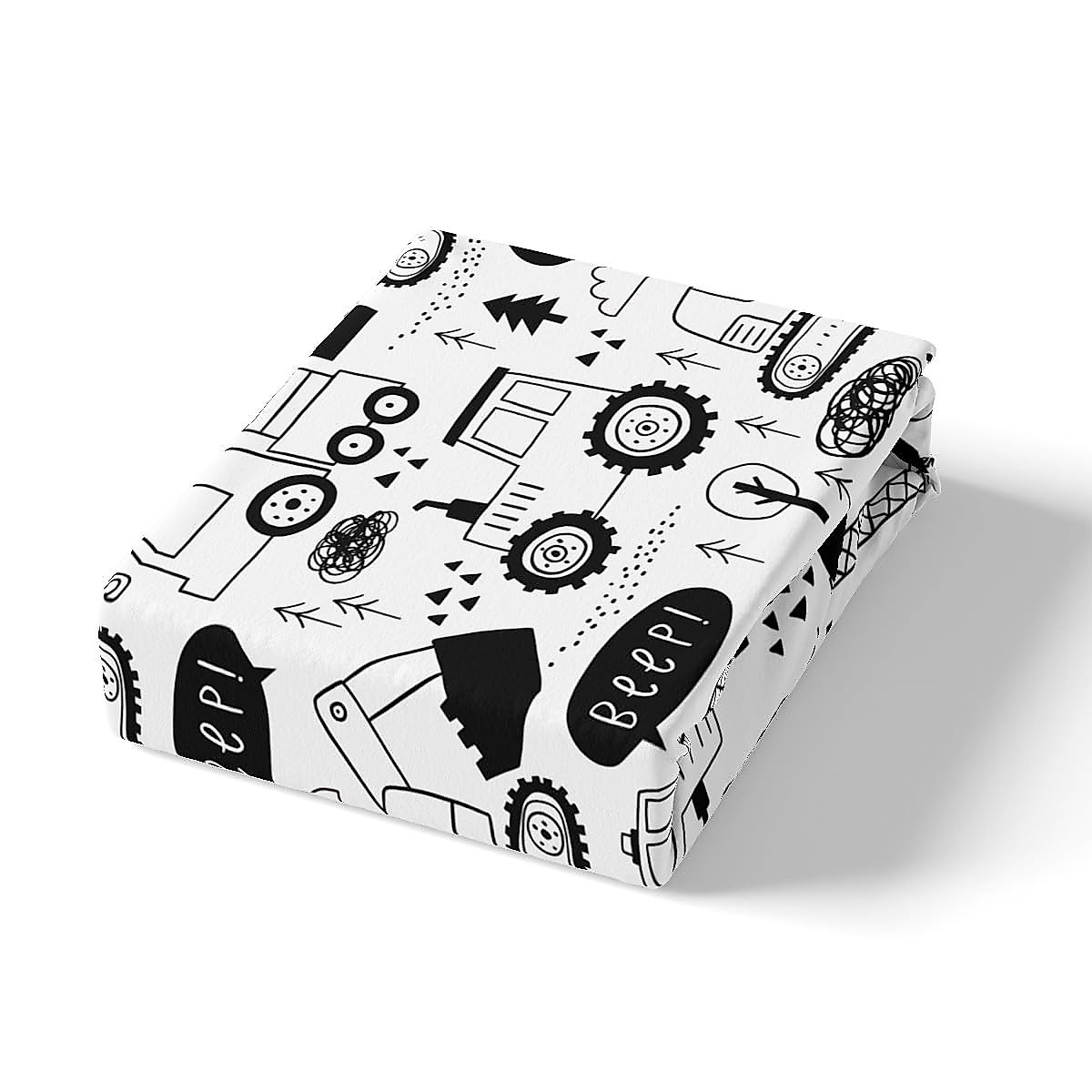 Cartoon Cars Kids Fitted Sheet Full Size,Tractor Truck Excavator Toddler Bedding Set,Girls Boys Adults Room Decor,Construction Vehicles Bed Cover,Black White Chic Bed Sheet,2 Pillowcases