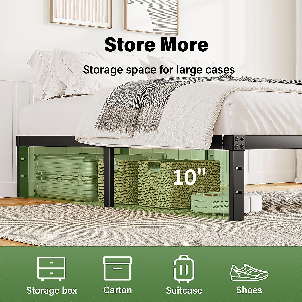 10 Inch Full Size Bed Frame No Box Spring Needed, Metal Platform Full Bed Frame, Easy Assembly Heavy Duty Noise Free, Black