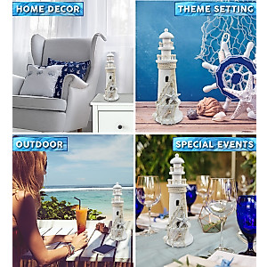 Puzzled COTA Global White Lighthouse Decor - Handmade and Crafted Wooden Lighthouse Decoration with Starfish and Fish Net, Decorative Beach Style Tabletop Centerpiece - 11 Inches