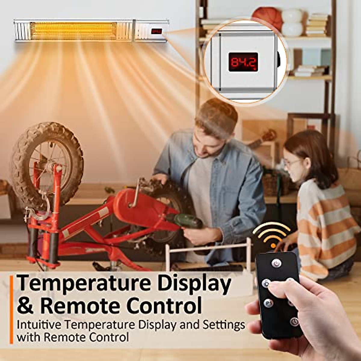 Patio Heater-Air Choice Electric Infrared Heater 1500W Wall Mounted Indoor Outdoor, Quiet Instant Heating with LCD Display Remote Control Full Protection, Space Heater for Large Room Garage Backyard