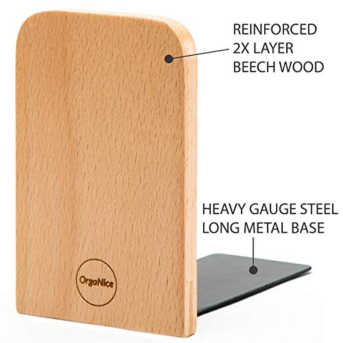 OrgaNice Beech Wood Bookends - Hand Crafted Design - Non-Skid and Padded Feet - Sturdy and Dependable - Gift-Ready Packaging [2 Units]