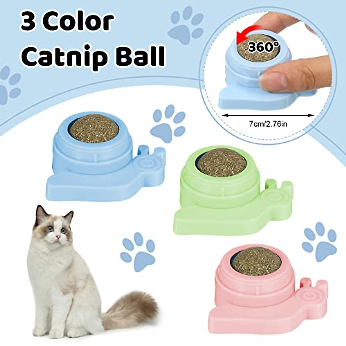 Catnip Balls for Cats Wall, 3 Pack Catnip Toys, Teeth Cleaning Cat Toy, Rotatable Edible Catnip Balls for Cats Wall, Self-Adhesive Cat Toys, Safe Healthy Kitten Chew Toys, Cat Wall Treats