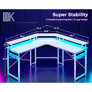 ODK L Shaped Gaming Desk with LED Lights & Power Outlets, 51" Computer Desk with Full Monitor Stand, Corner Desk with Cup Holder, Gaming Table with Hooks, White Carbon Fiber
