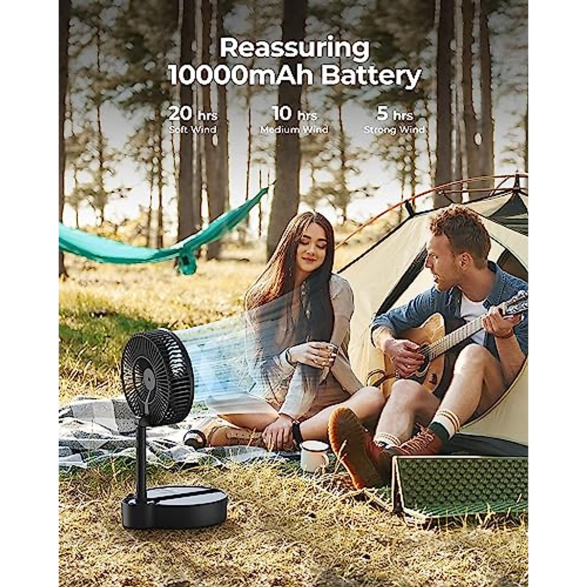 8" Portable Rechargeable Fan, 10000mAh Battery Operated Oscillating Fan, 3 Speeds, Adjustable Height, Foldable Fan, Quiet Small Standing Fan, Powerful USB Desk Fan for Home Office Picnic Camping