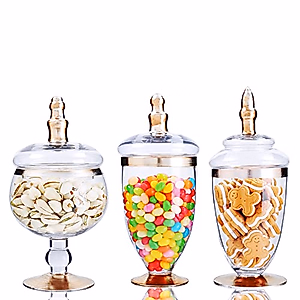 Set of 3 Clear Glass Apothecary Jars with Lids, Bathroom Canisters, Vanity Organizers, Candy Buffet, Wedding Display
