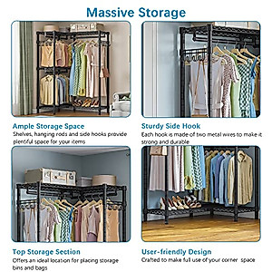 VIPEK L4 Garment Rack L Shaped Clothes Rack for Corner, Freestanding Portable Wardrobe Closet Heavy Duty Clothing Rack with 3 Hanging Rods & 2 Side Hooks, 43.3"Lx29.1"Wx76.4"H, Max Load 750LBS, Black