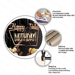 KUKUSOUL 5x3ft Black and Gold Backdrop Black Gold blloons Ribbon Happy Birthday Background for Girls Women Birthday Party Decorations Cake Table Banner Photo Booth Studio Props KUBYC397