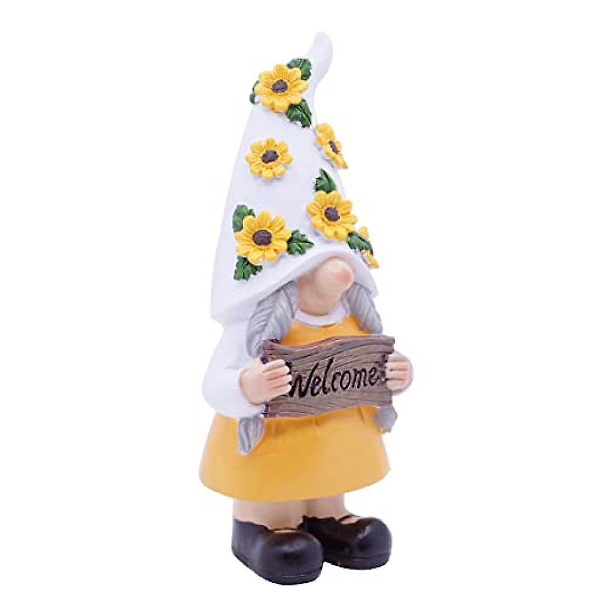 Lerrio & Bifeen Spring Garden Gnomes Figurines Decor 9.5 inch, Carved with Welcome, Sunflower Hat Yellow Dress Gnomes for Spring Gnomes Garden Yard Decorations