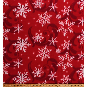 Fleece Snowflakes Snow Swirls on Red Winter Christmas Holiday Fleece Fabric Print by The Yard (A340.12)