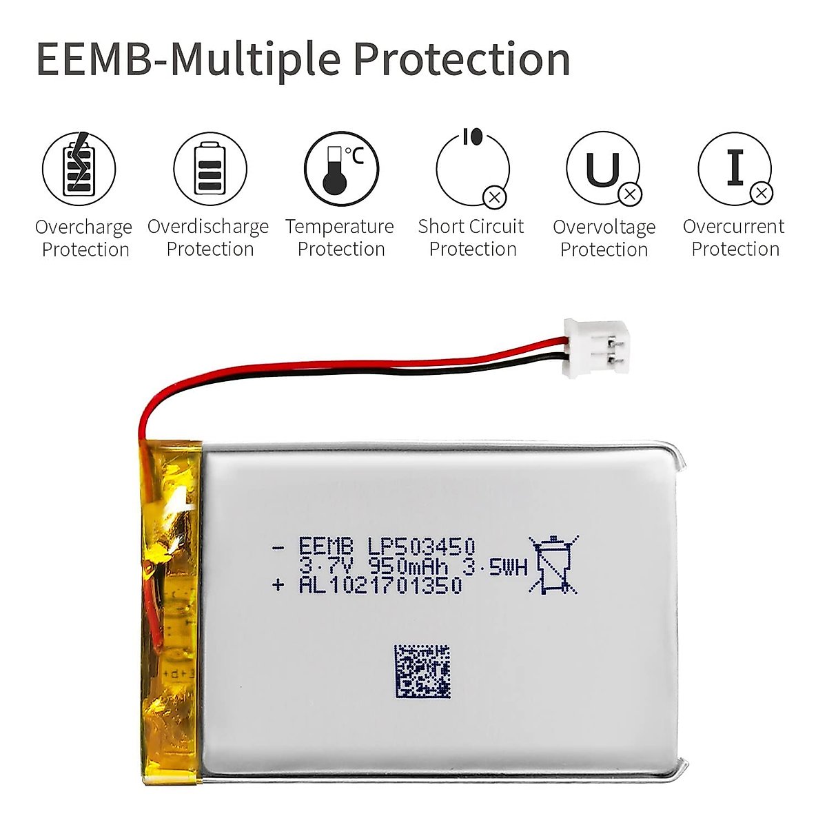 EEMB 3.7V Lipo Battery 950mAh 503450 Lithium Polymer ion Battery Rechargeable Lithium ion Polymer Battery with JST Connector Make Sure Device Polarity Matches with Battery Before Purchase