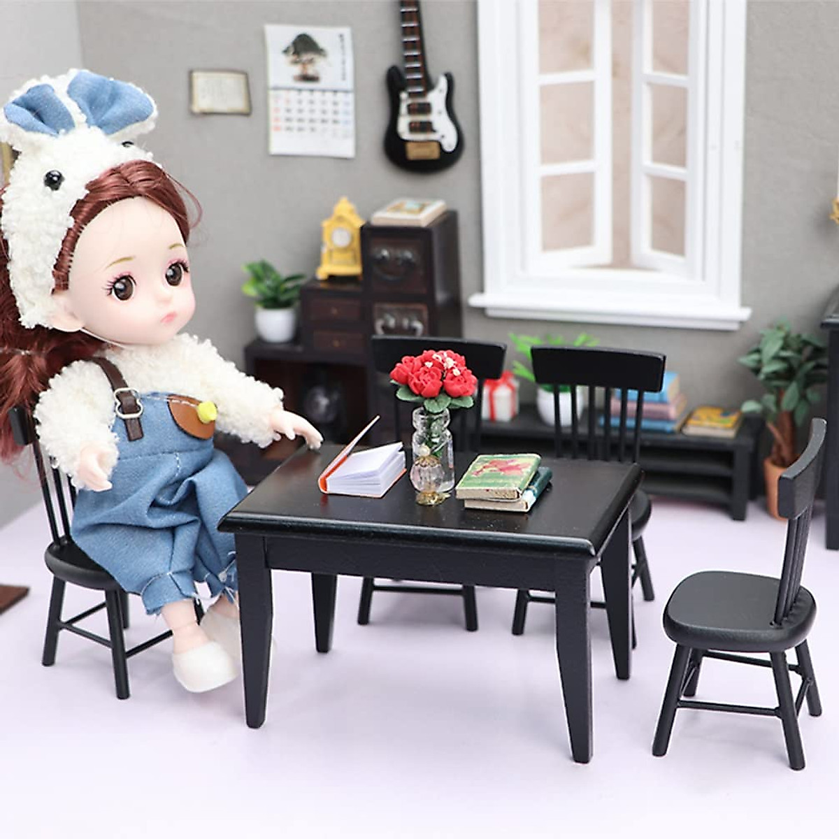 Black Chairs 5Pcs Miniature Table and Chairs, Mini Dining Table Set for 4, Doll House Black Wooden Table Chairs Miniature Furniture and Accessories Furniture