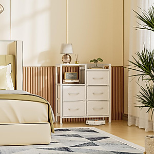 Furnulem White Dresser for Bedroom, Small Nightstand with 2-Tier Open Shelf and 5 Fabric Drawers, Storage Unit Organizer Tower Furniture for Living Room, Hallway, Dorm, Closets(White)