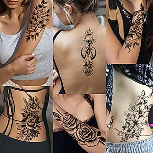 HEYYUNG 18 Pcs Flower Tattoos for Women, Temporary Sexy Tattoos, Realistic 3D Sketch Henna Tattoo Kit Sleeves for Women, Makeup Designs Chest Abdomen Back Tattoos for Girls