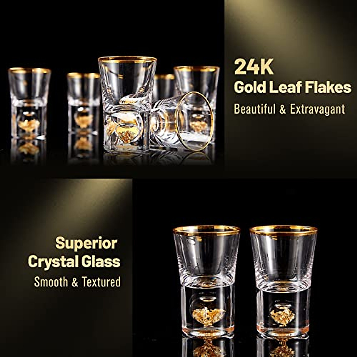 DUJUST Shot Glasses (1.5oz), Crystal Shot Glass Set Decorated with 24K Gold Leaf Flakes, Cool & Cute Shot Cups, BPA-Free & Lead-Free, Perfect for Décor & Collection, Gift Choices - 6 pcs