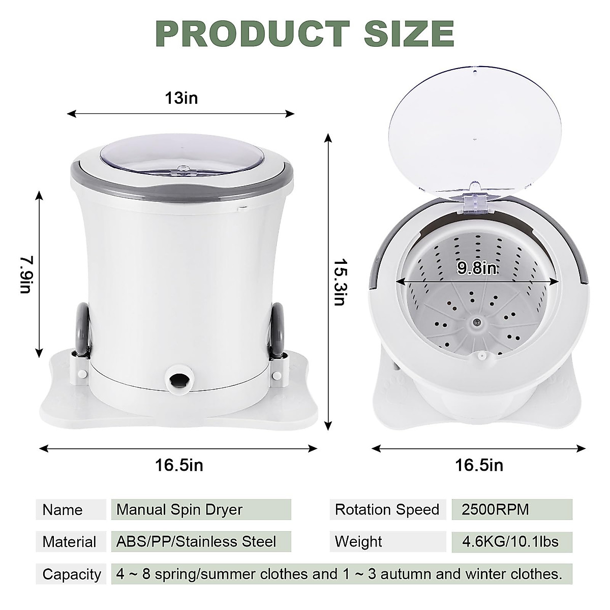 Manual Clothes Dryer Portable Mini Dryer Compact Spin Dryer Non electric Laundry Dryer for RV, Camping, School, Apartment, Dorm White
