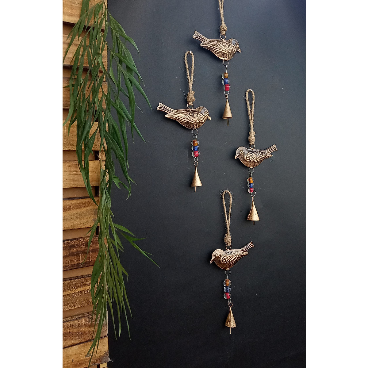 Mie Creations Sparrow Décor, Metal Birds Carved Wings, Feather (Set of 4) | Wildlife Wall Art Hanging, Garden Miniature Ornaments for Crafts, Home | Rustic Gold Bird Figurines with Jingle Bells-4.5''