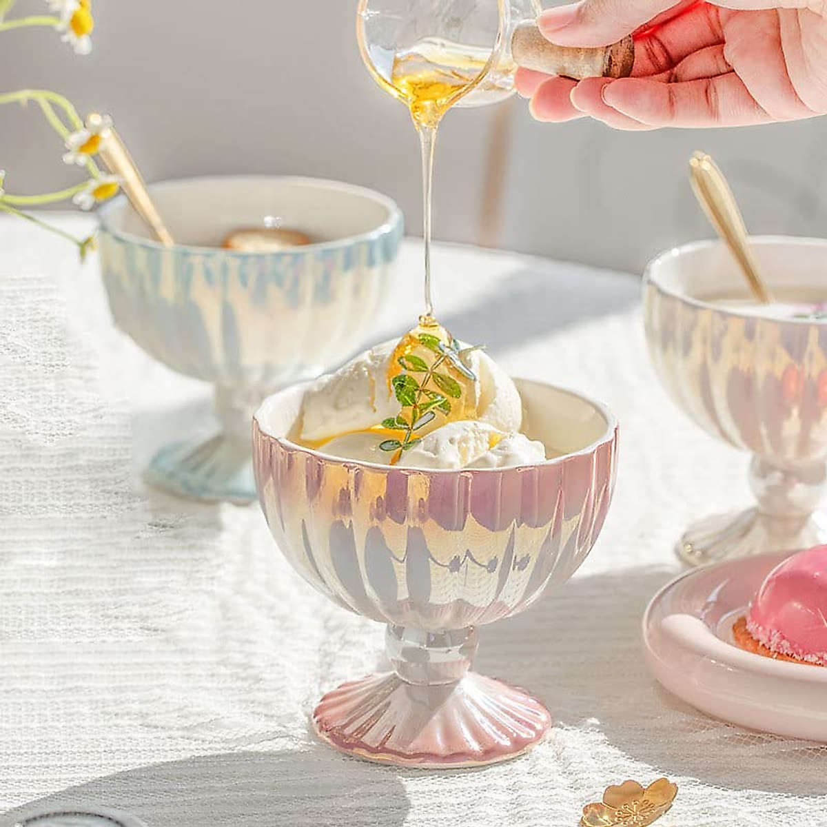 YOKIOU Ceramics Ice Cream Cups with Spoons Reusable Dessert Cups Bowls for Trifle Parfait Sundae and Nuts (Pink)