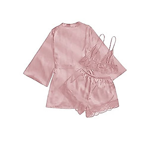 Verdusa Women's Satin Pajama Set 3 Piece Lace Trim Camisole and Shorts with Robe Pink L