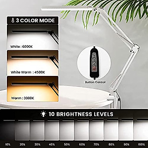 LED Desk Lamp, BZBRLZ Metal Swing Arm Lamp, Eye-Caring Architect Task Lamp, Dimmable Office Table Lamp with 3 Color Modes, 10 Brightness Levels & Adapter, Memory Function(White)