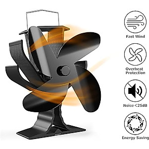 Signstek Heat Powered Wood Stove Fan for Wood/Log Burner/Fireplace/Heater, Non Electric, Quiet, Eco Friendly Black Stove Fans, Circulating Warm Air Saving Fuel, 4 Blades Upgrade Design