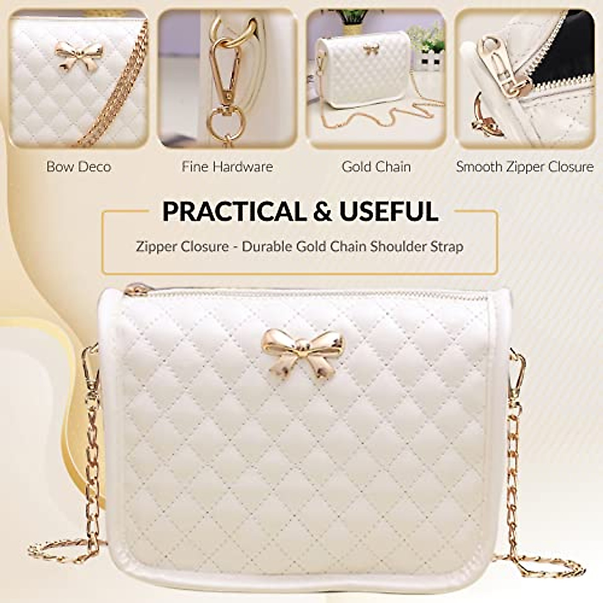 H HANBELLA - A FASHION TRENDY COLLECTION. FOREVER. - Small Crossbody Purse for Womens and Girls - Cute Off White Shoulder Bow Bag Quilted Leather Handbag - Satchel for Ladies and Teens