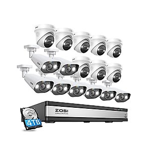 ZOSI 4K 16CH Spotlight PoE Security Camera System with 4TB HDD,Person Vehicle Detection,H.265+ 16Channel 8MP NVR,16pcs 4K PoE IP Cameras Outdoor,2 Way Audio,Sound and Light Alarm,for 24/7 Recording