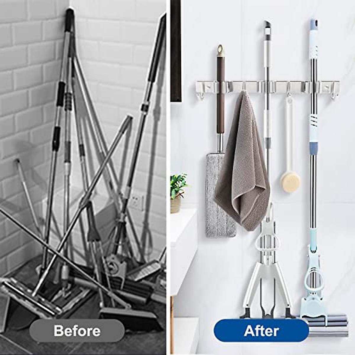 FULGENTE Broom Mop Holder, Wall Mount Storage Cleaning Tools Organizer for Laundry Garage Garden Bath Kitchen, Screw-In Heavy Duty Stainless Steel Utility Rack Hanging Shelf (3 Racks 4 Hooks)