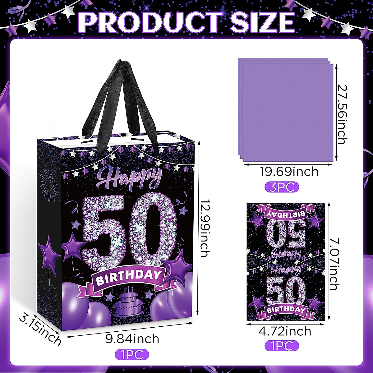 Black Purple 50th Birthday Gift Bag with Happy 50th Birthday Greeting Card and Tissue Paper for Women Black Purple 50th Birthday Gift Wrap Bag with Handles for 50th Birthday Party Decorations Supplies
