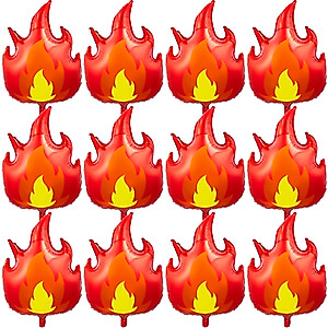 12 Pcs Fire Balloons Fire Truck Birthday Party Supplies 33 Inch Large Flame Balloons Yellow Orange Red Firefighter Decorations Aluminum Foil Fake Campfire for Fireman Theme Kids' Party Favors