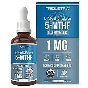Organic Methyl Folate 1000 mcg + Methyl B12 Cofactor (300 Servings) – Metabolically Active 5-MTHF Form, Organic Berry Flavor, Liquid Sublingual Form – Mood, Cognition, Methylation, Pregnancy (1oz)