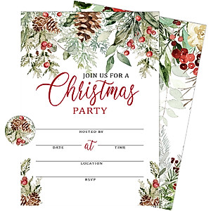 JarThenaAMCS 25 Pack Christmas Party Invitations Watercolor Pine Cone Green Leaves Invitaion Paper Cards with Envelopes Sticker Xmas Invites for Bridal Shower Baby Shower Rehearsal Dinner Party