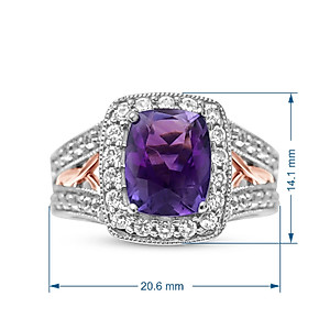 Jewelili 14K Rose Gold Over Sterling Silver 10x8 MM Cushion-cut Amethyst and Round Created White Sapphire Halo Ring, Size 7