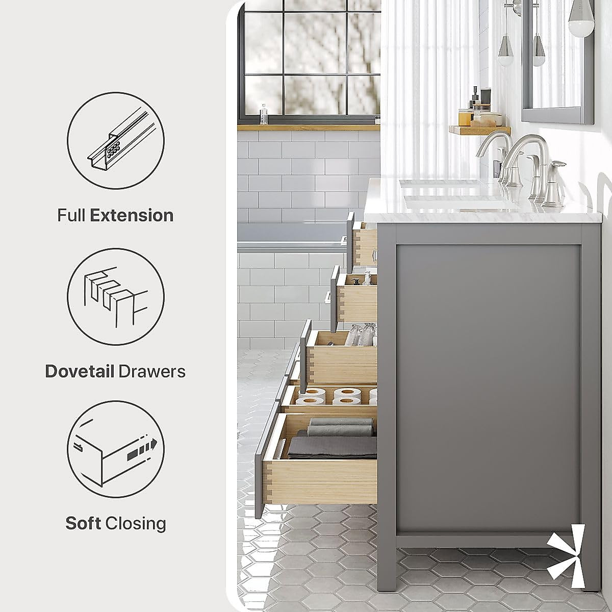 Eviva 48 Inch Bathroom Vanity with Sink-Gray Bathroom Vanity with Carrara Marble Top -Freestanding Double Sink Bathroom vanities with Spacious Storage -Bathroom Sink Cabinet and Wood countertop Combo