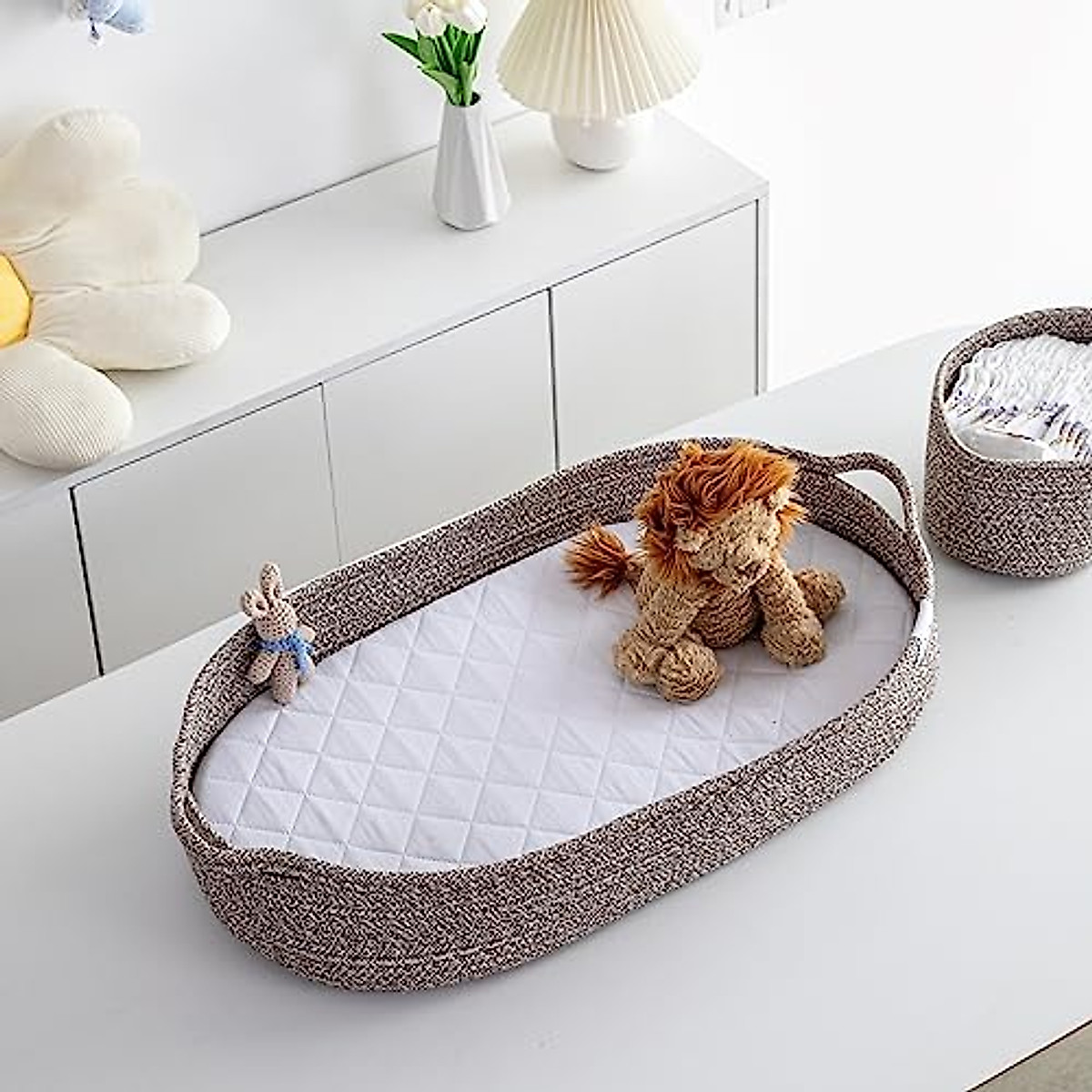 Baby Changing Basket for Baby Dresser, Foam Pad with Two Waterproof Covers, Includes Diaper Organizer, Table Moses, Changing Table Topper for Dresser Boho by REBE & CO