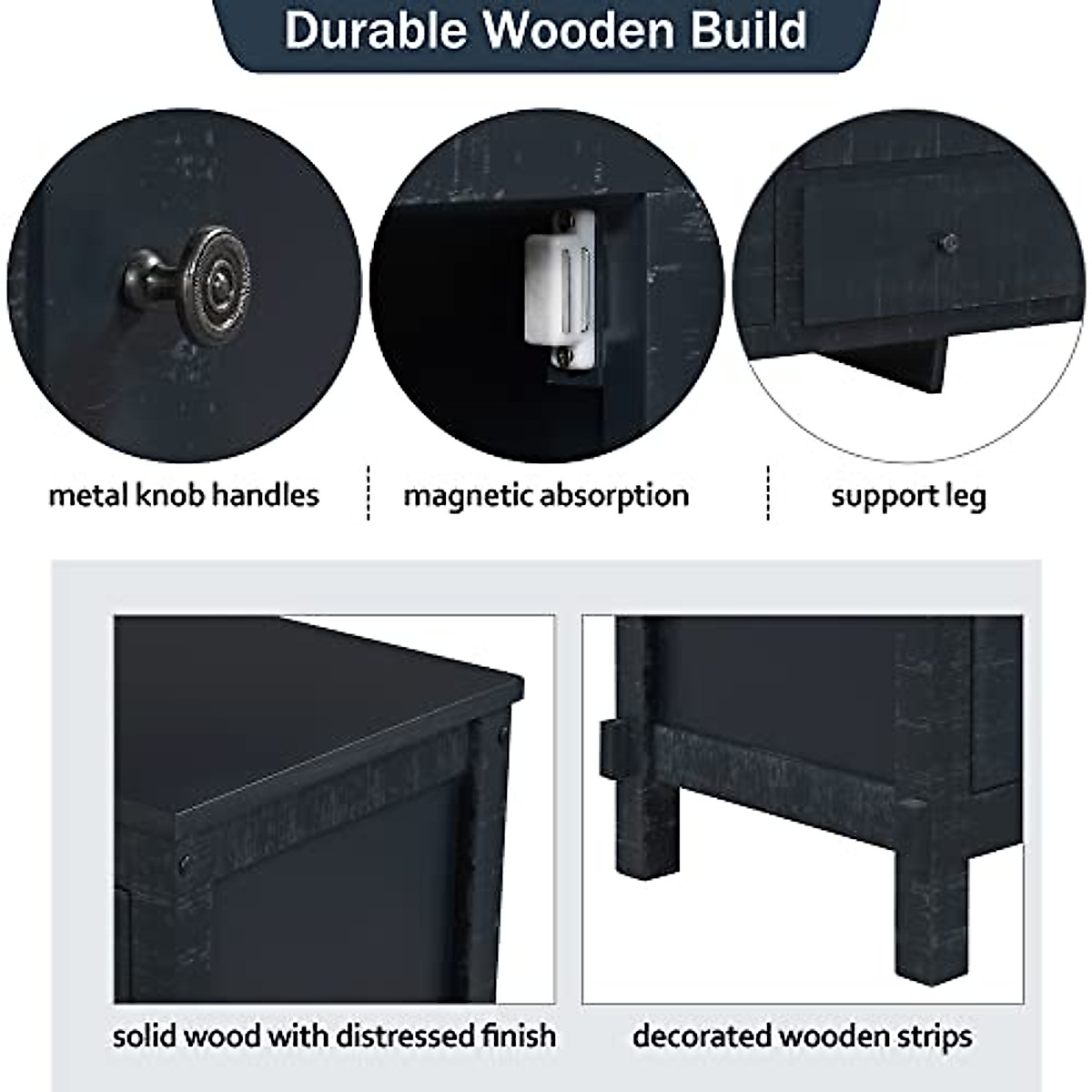 Quarte Retro Buffet Sideboard, Solid Wood Storage Cabinet with 2 Cabinets and 3 Drawers, Console Table with Large Storage Spaces for Dining Room, Living Room (Antique Black-03)