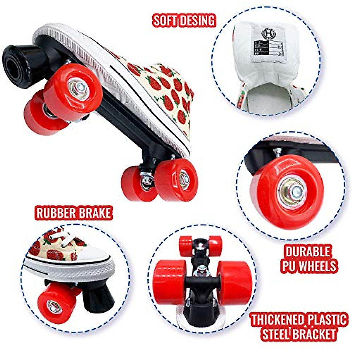 HASERD Roller Skates for Women with Bags- Adjustable Double Row Canvas Roller Skates for Girls Strawberry and Pineapple Themed Design- Quad Wheel High Top Canvas Sneaker Style (Strawberry, 8.5)