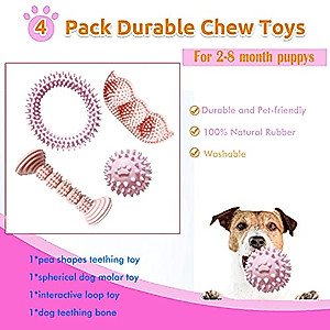 DogieLyn Interactive 2-8 Months Puppy Teething Chew Toys, Puppies Biting Toy, Doggy Teeth Cleaning Rubber Toothbrush for Small Dogs Teddy,Crogi,Schnauzer, 4 pcs (Pink)