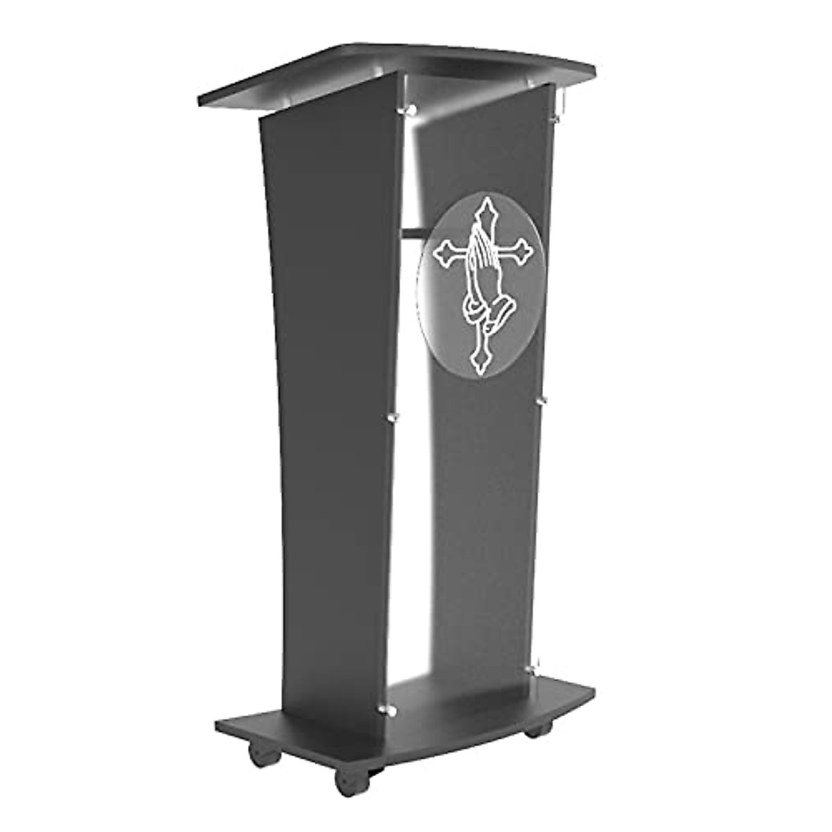 Acrylic Church Podium Pulpit Debate Conference Lectern Plexiglass Lucite Black Wood Shelf Cup Holder on Wheels with Prayer Hand and Cross Plaque 1803-5-BLACK+12152-NPF