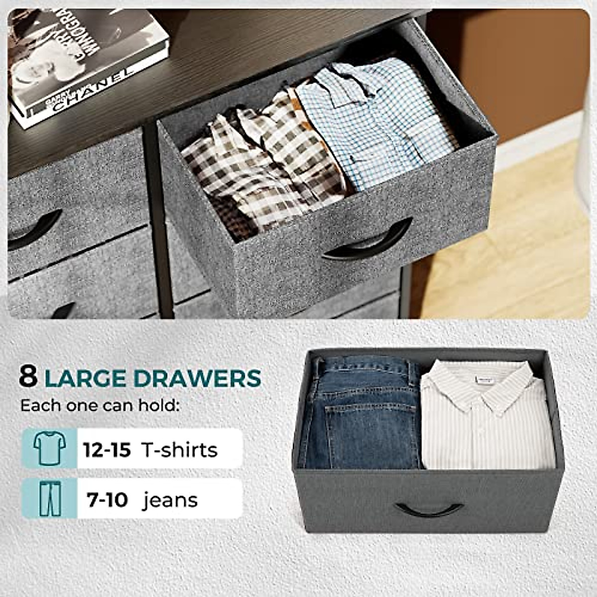 SMUG Dresser, Drawers Dresser for Bedroom Cabinet Organizers Wood Top Table Furniture with 8 Fabric Storage Drawers Chest Tower Unit, Chest of Drawers for Closet, Living Room, Hallway, Porch