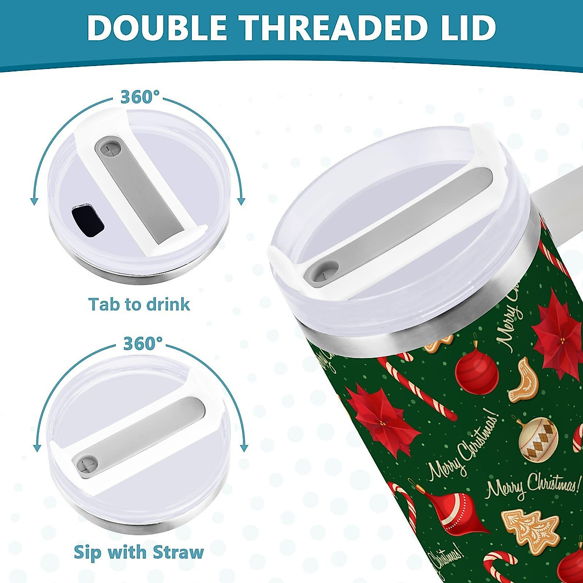 Emelivor Merry Christmas Tree Candy 40 oz Tumbler with Lid and Straw Insulated Tumblers with Handle Thermal Stainless Travel Coffee Mug Cup Water Bottle for Hot and Iced Cold Drinks