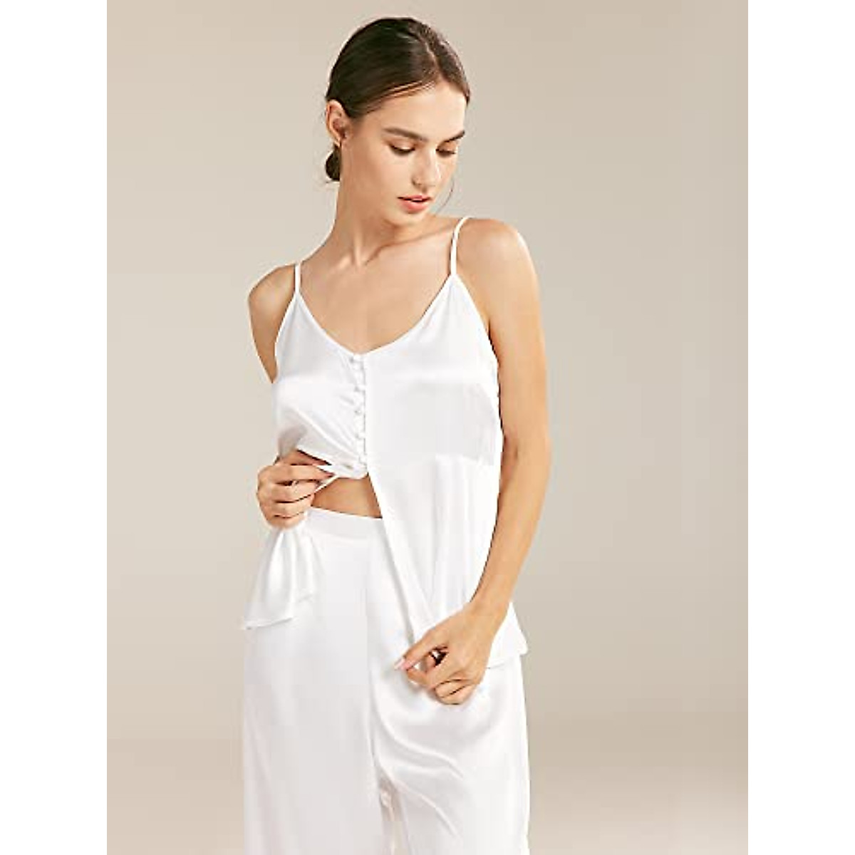 AW BRIDAL White Satin Pajamas Set for Women Silk Sexy Lingerie Camisole with Pants Set Sleepwear for Wedding Bridal Shower Party, White XL