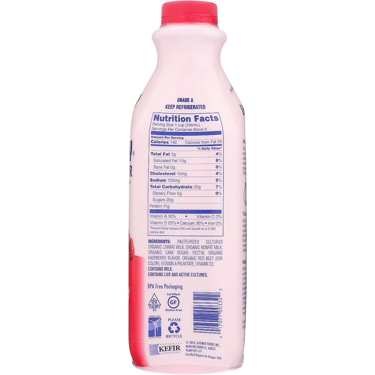 Lifeway, Kefir Raspberry Low-Fat Organic, 32 Ounce