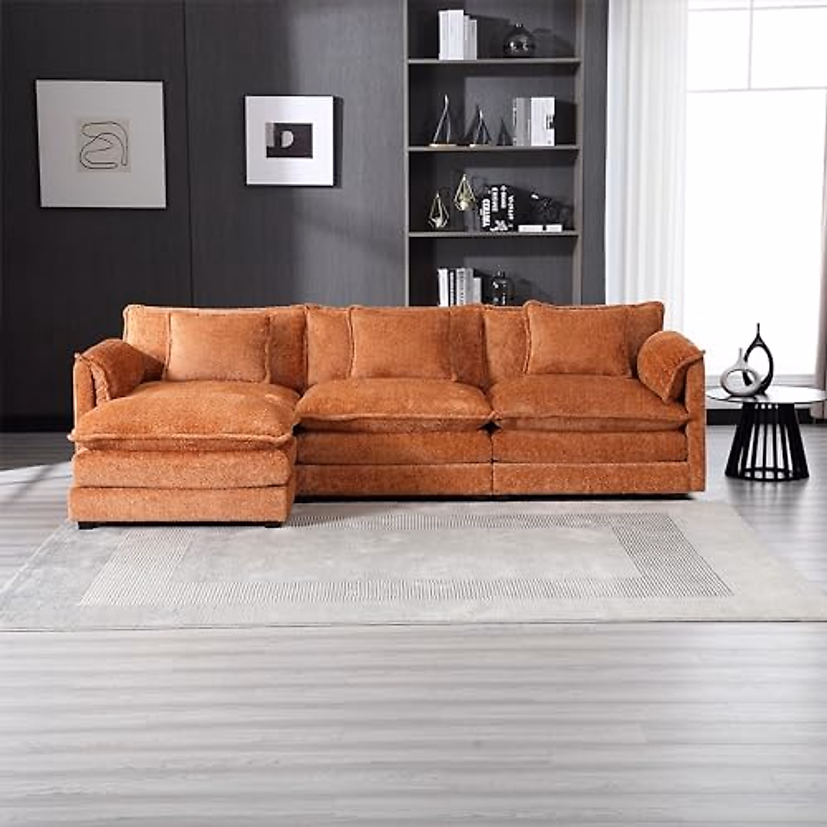 FANYE L-Shaped Corner Convertible Modular Sectional Sofa Couch W/Movable Ottoman and 3 Pillows, Chenille Upholstery Double Cushions Deep Seat Sleeper Sofa&Couch for Home Office Apartment Living Room